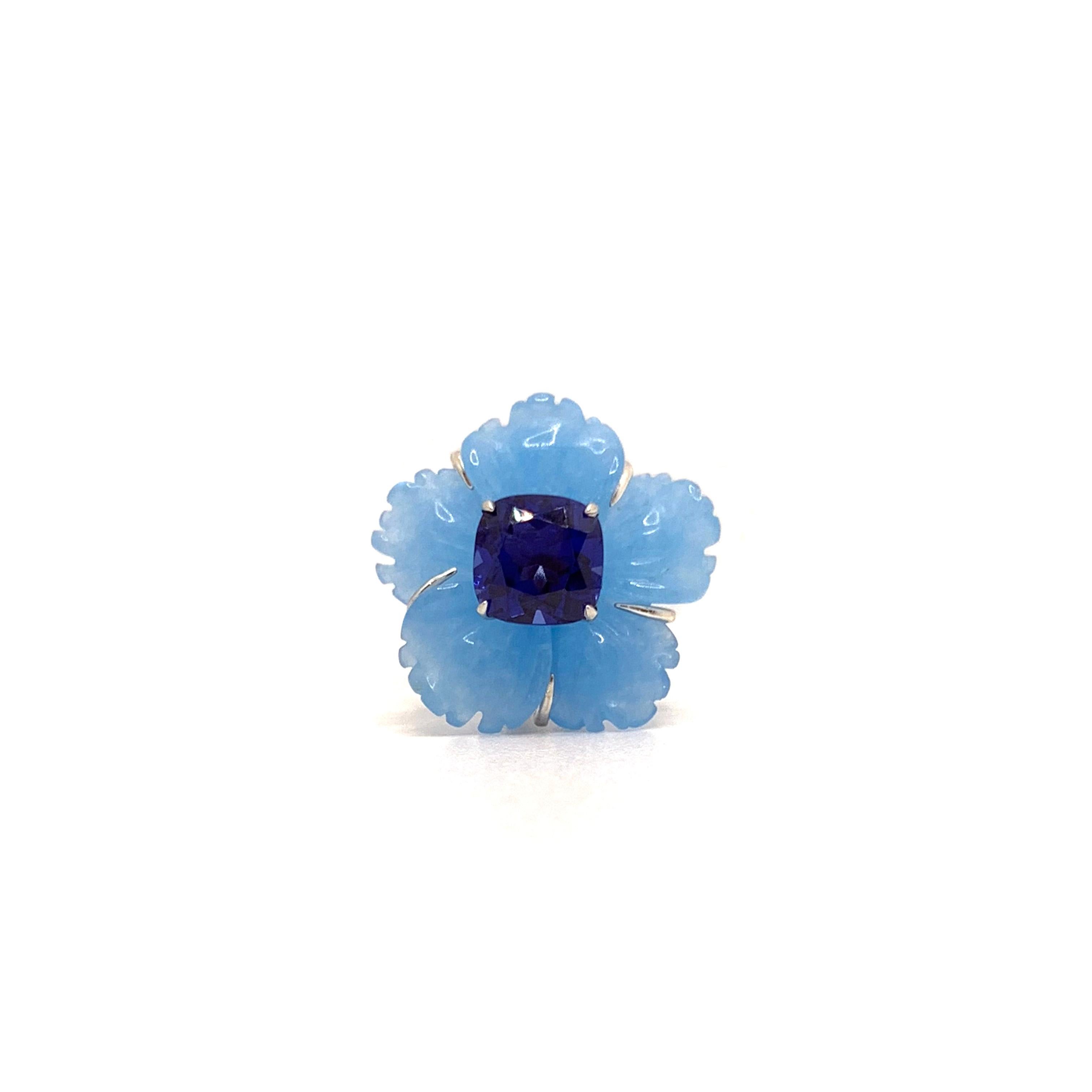 25mm Carved Blue Quartzite Flower and Cushion-cut Lab Sapphire Earrings ...