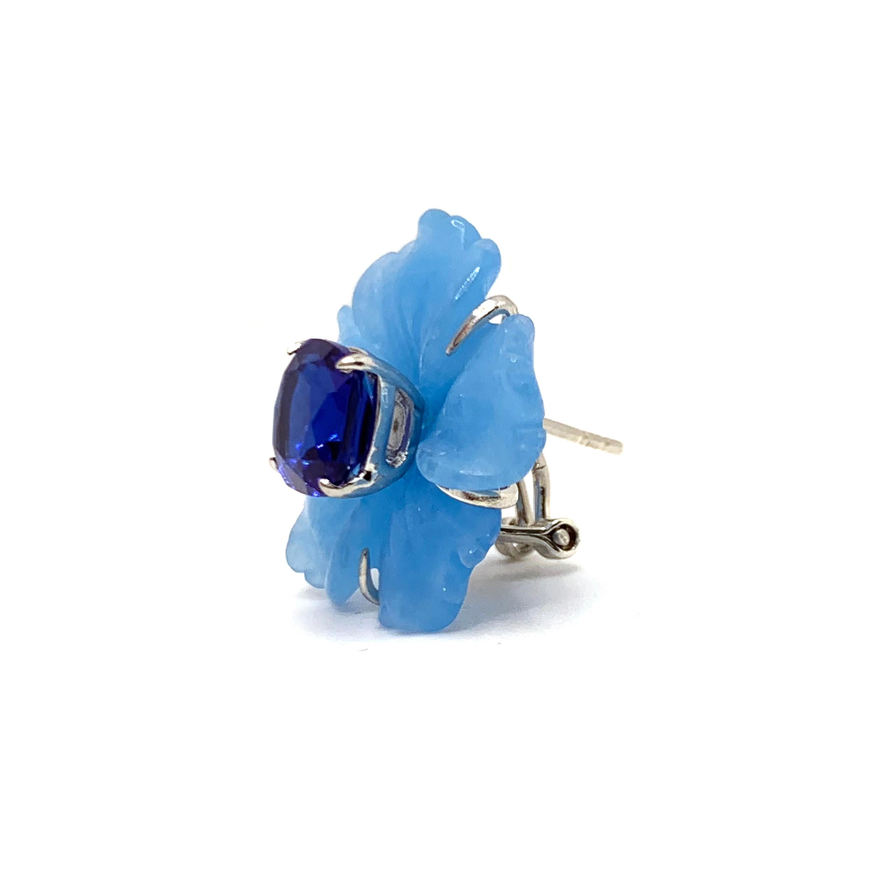 25mm Carved Blue Quartzite Flower and Cushion-cut Lab Sapphire Earrings ...