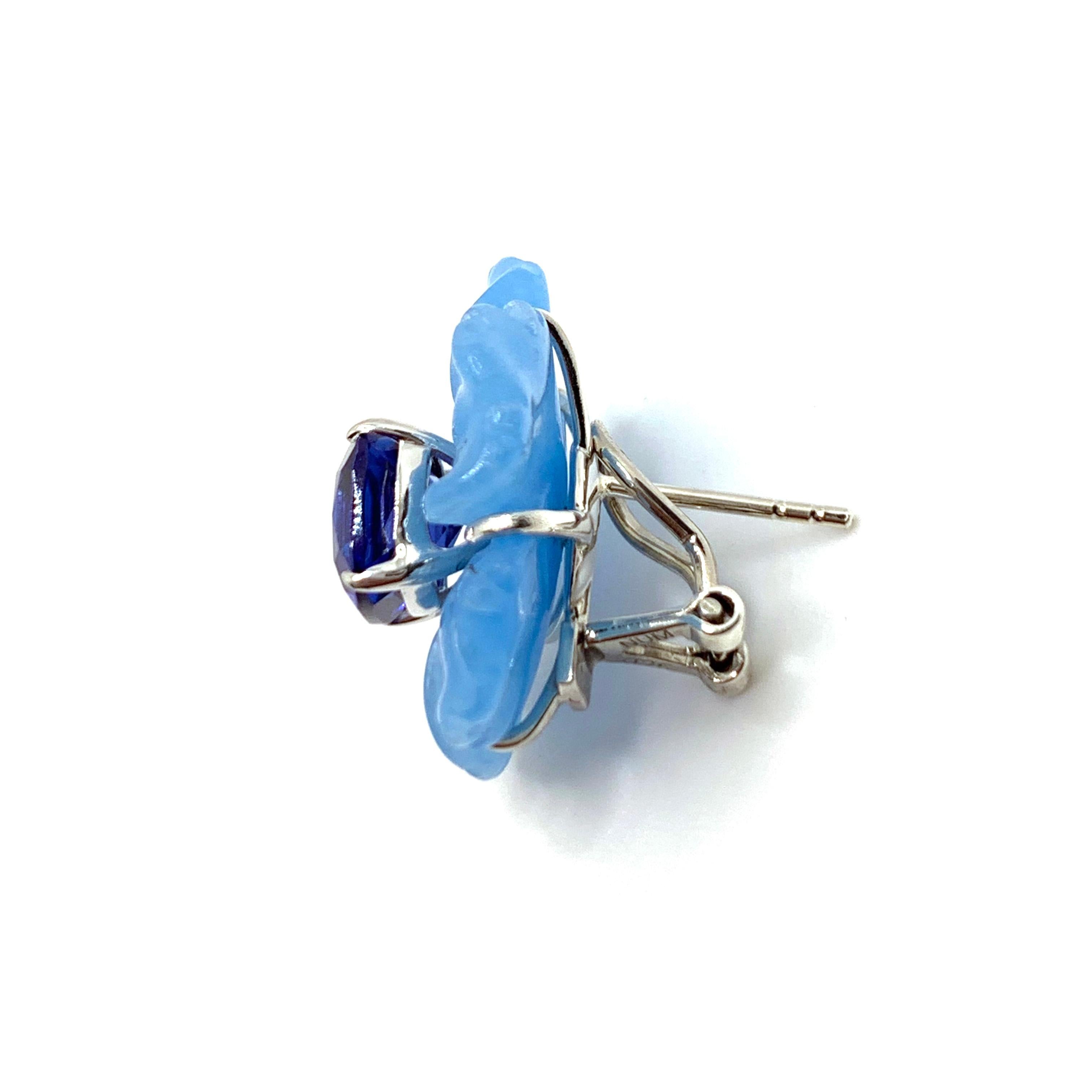 25mm Carved Blue Quartzite Flower and Cushion-cut Lab Sapphire Earrings ...