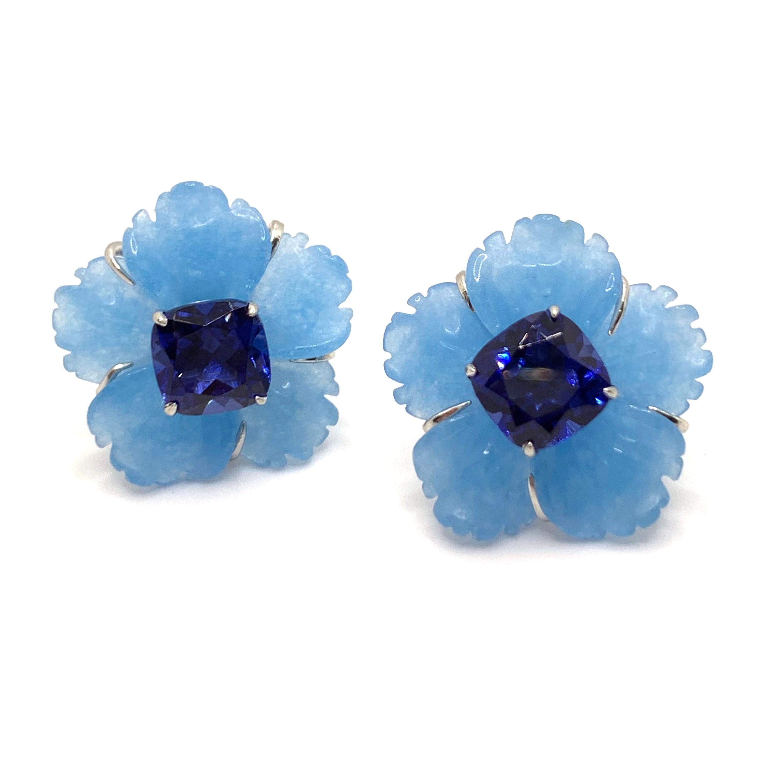 25mm Carved Blue Quartzite Flower and Cushion-cut Lab Sapphire Earrings ...