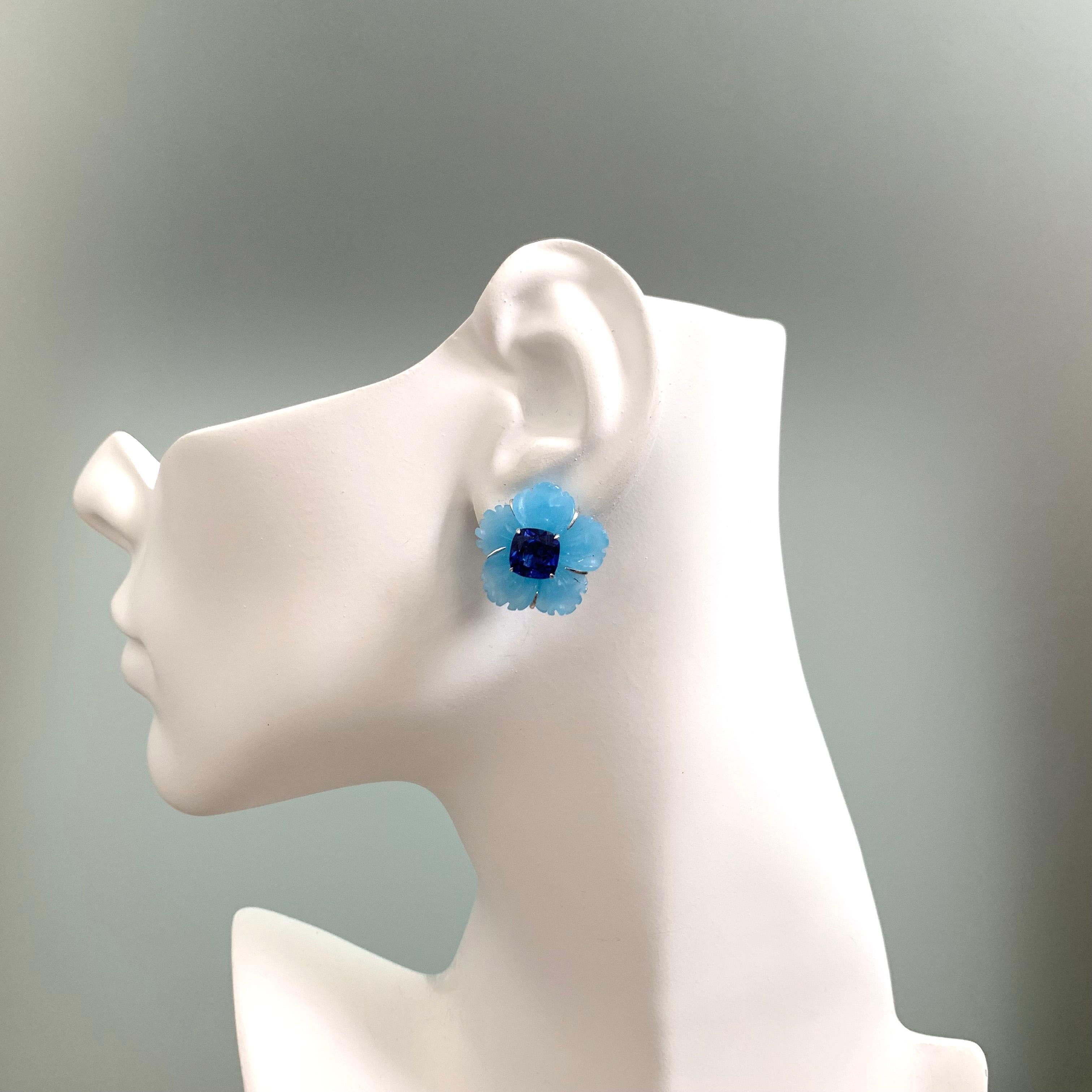 25mm Carved Blue Quartzite Flower and Cushion-cut Lab Sapphire Earrings ...