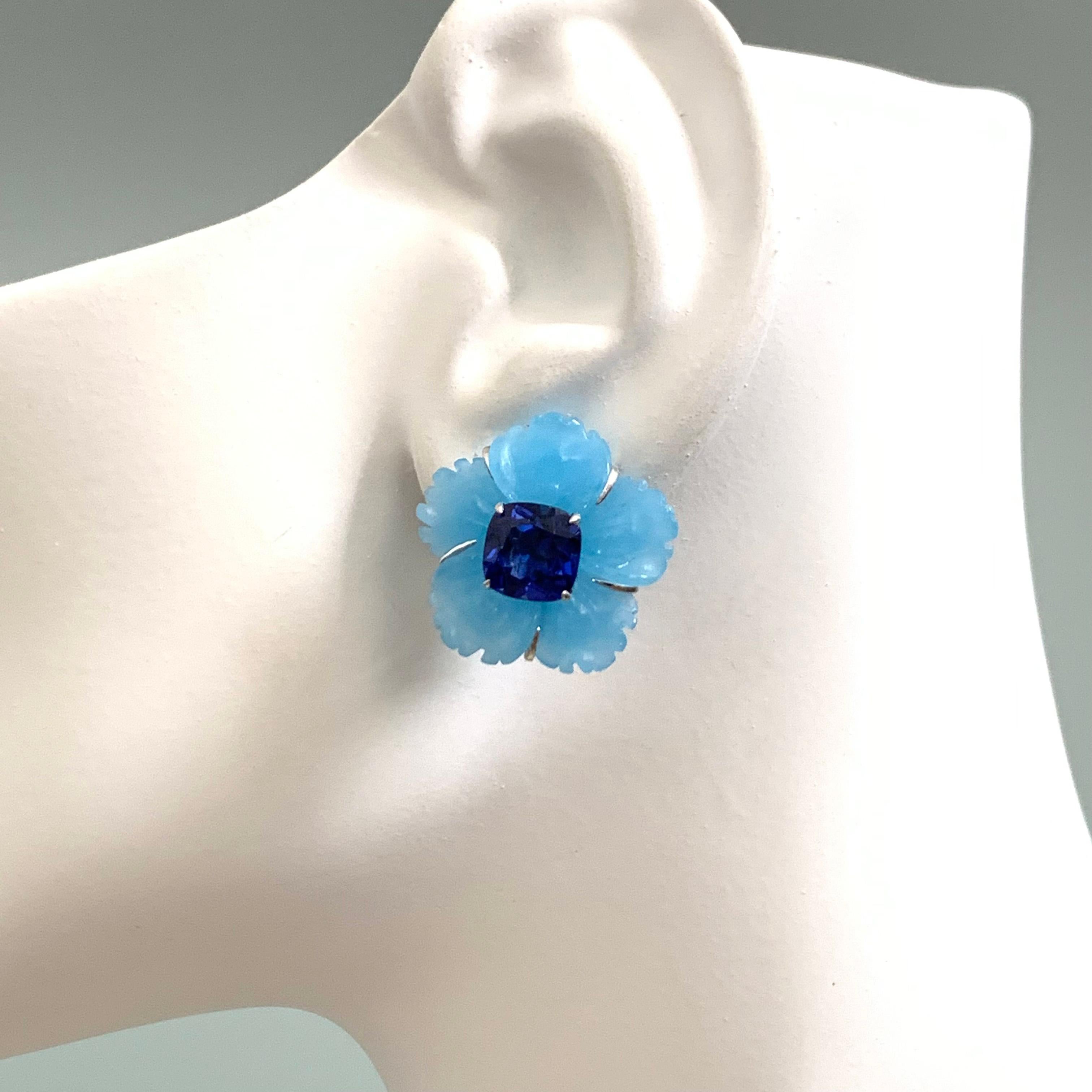25mm Carved Blue Quartzite Flower and Cushion-cut Lab Sapphire Earrings ...