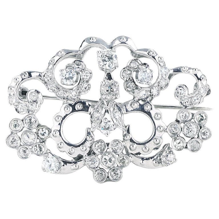 2.60 CTTW Antique Diamond Pin Brooch In 14K White Gold For Sale at 1stDibs