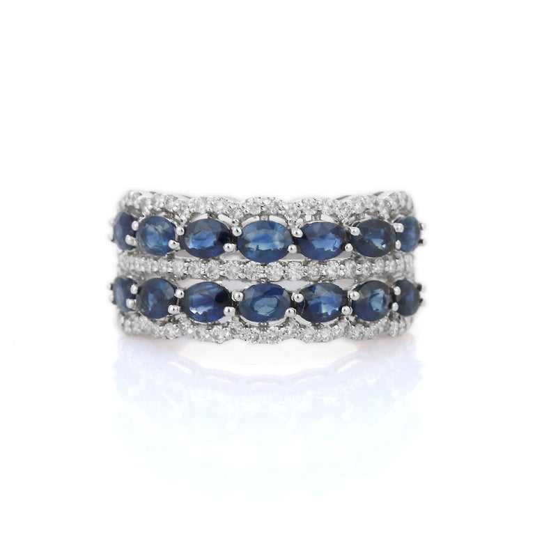 Customizable Women Blue Sapphire Diamond Cluster Band Engagement Ring in 18k Solid White Gold ...