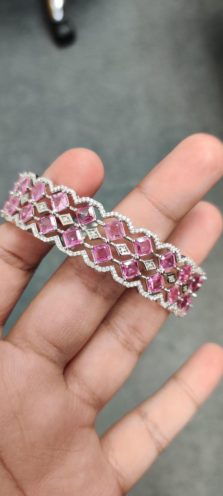 26.96 Carat Natural Pink Sapphire and Diamonds Studded Bangle 18k White ...