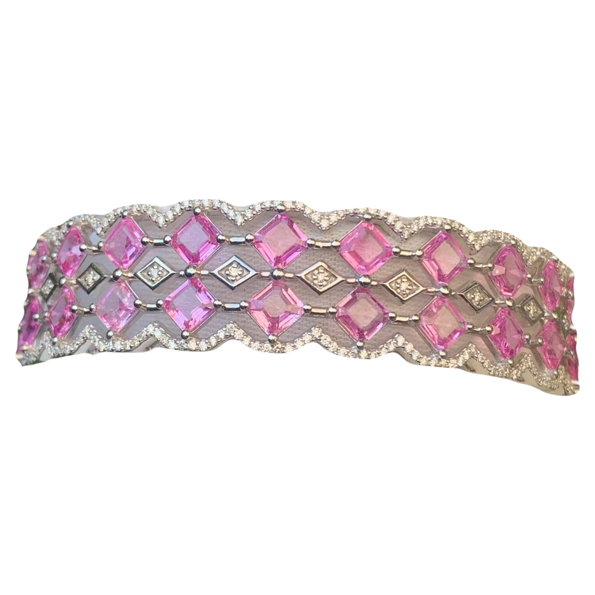 26.96 Carat Natural Pink Sapphire and Diamonds Studded Bangle 18k White ...