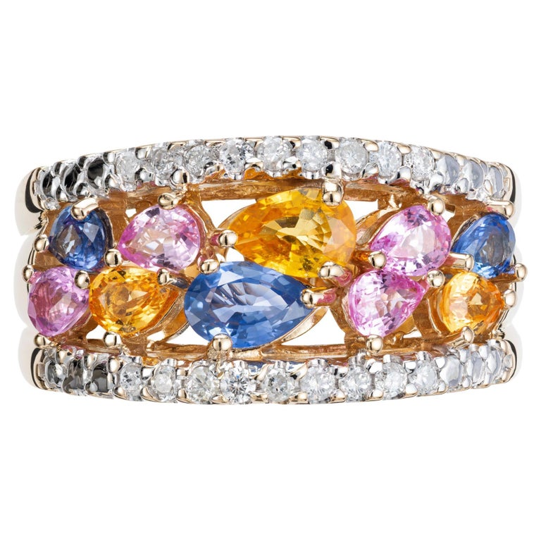 2.70 Carat Multi Color Pear Sapphire Diamond Gold Band Ring For Sale at ...