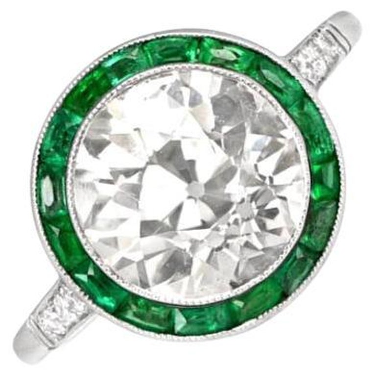 2.70ct Old Euro-Cut Diamond Engagement, Emerald Halo, Platinum For Sale at 1stDibs