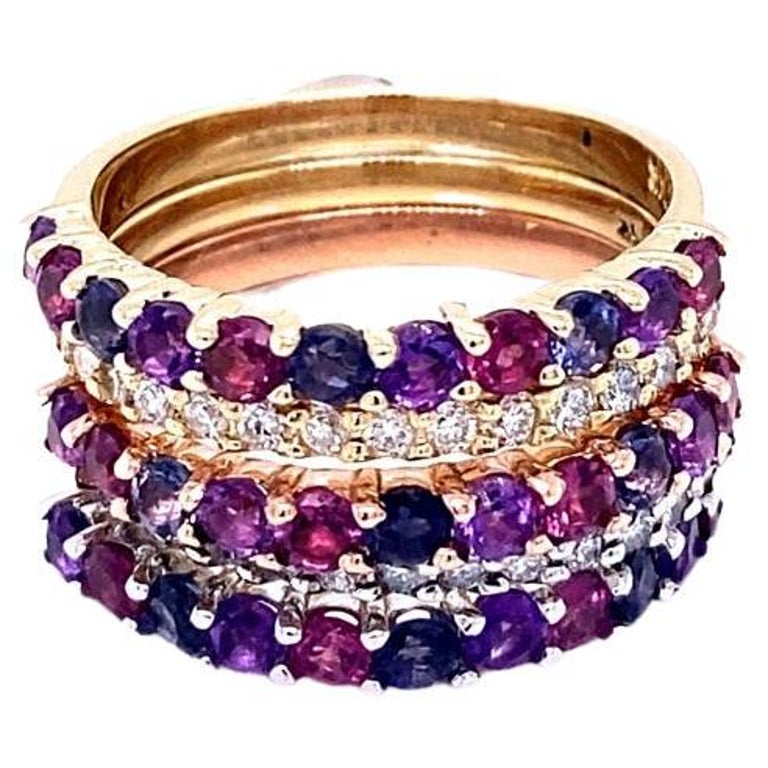 Gemstone and Diamond Gold Stackable Bands For Sale at 1stDibs