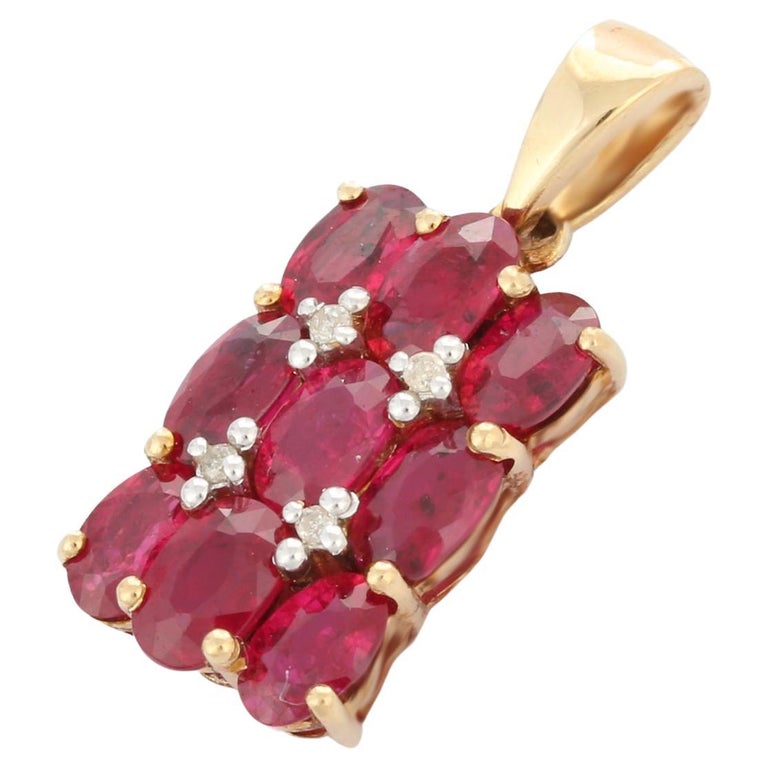 2.76 Carat Oval Ruby and Diamond Cluster Pendant in 14K Solid Yellow ...