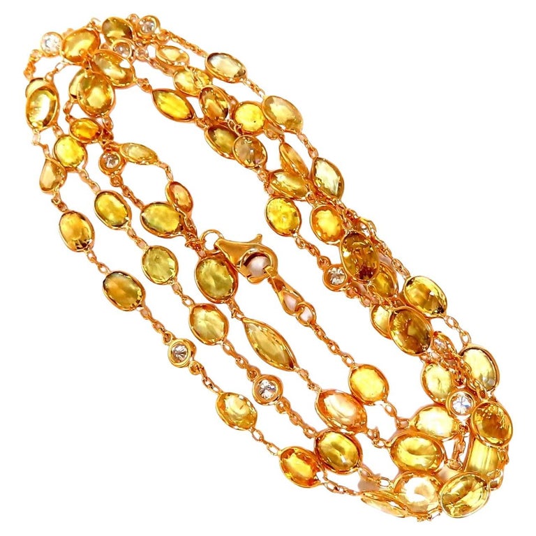 27ct Fancy Vivid Yellow Sapphire Diamonds Station Yard Necklace 14 ...