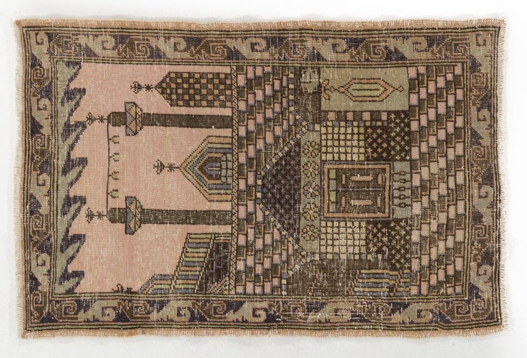 2.7x4 Ft One-of-a-Kind Vintage Pictorial Anatolian Prayer Rug Depicting ...