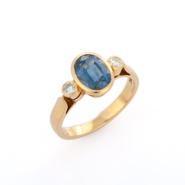Customizable 2.8 Ct Blue Sapphire and Diamond Three Stone Engagement Ring in 18K Yellow Gold For ...