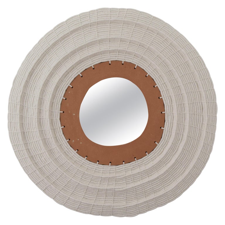 28" Round Woven Cotton and Ceramic Mirror in White and Natural ...