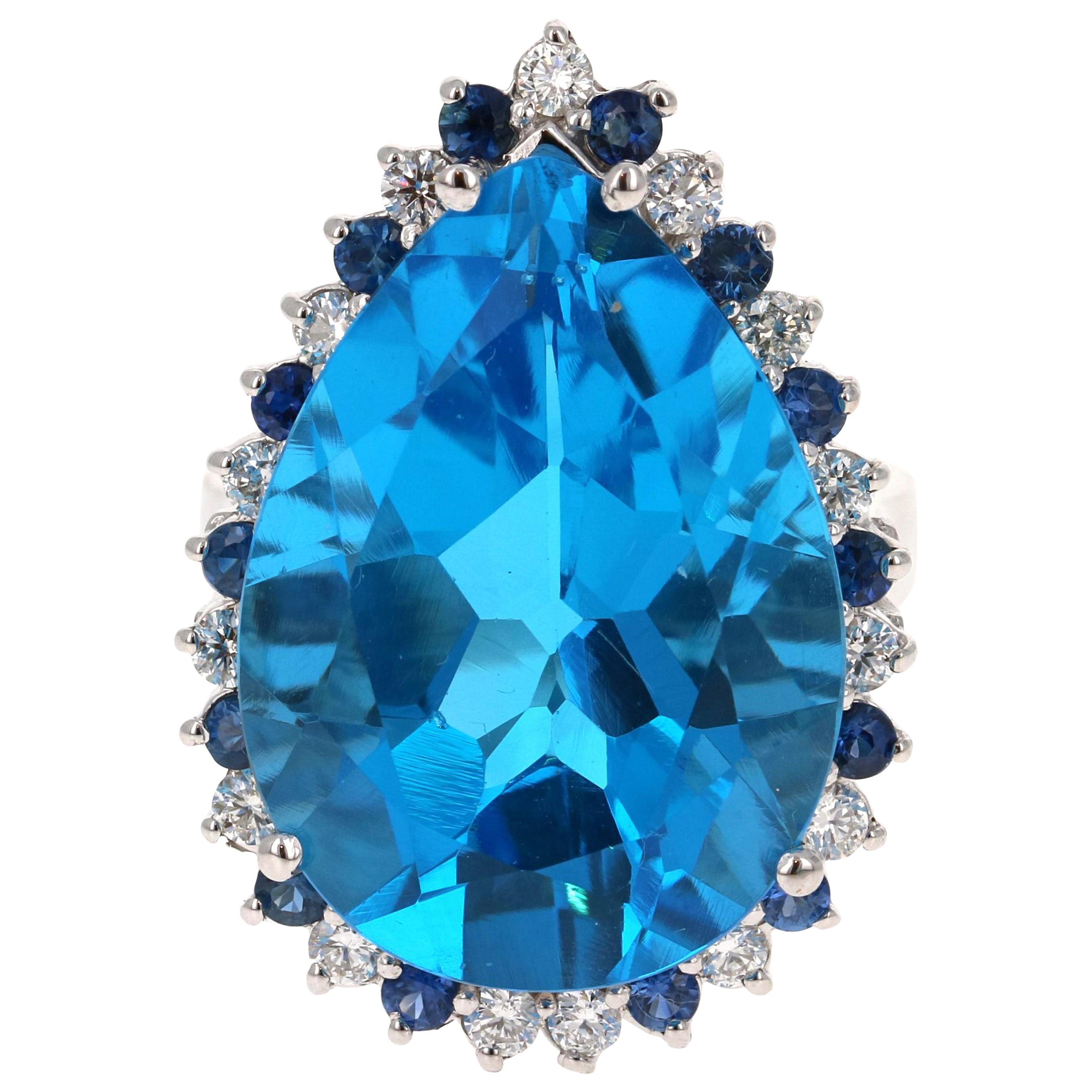 5.23 Carat Cushion Cut Blue Topaz Diamond 14 Karat White Gold Cocktail ...