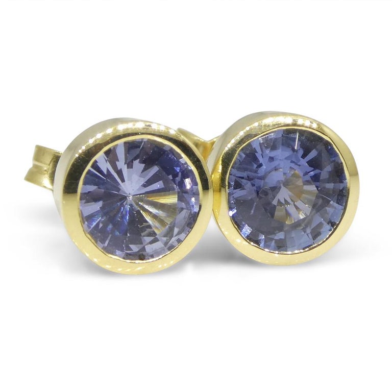 2.82ct Round Blue Sapphire Stud Earrings Set in 18k Yellow Gold For ...