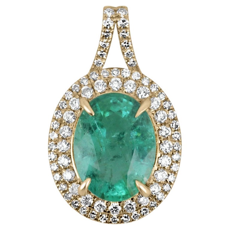 2.84tcw Natural Emerald-Oval Cut and Diamond Double Halo Pendant Gold ...