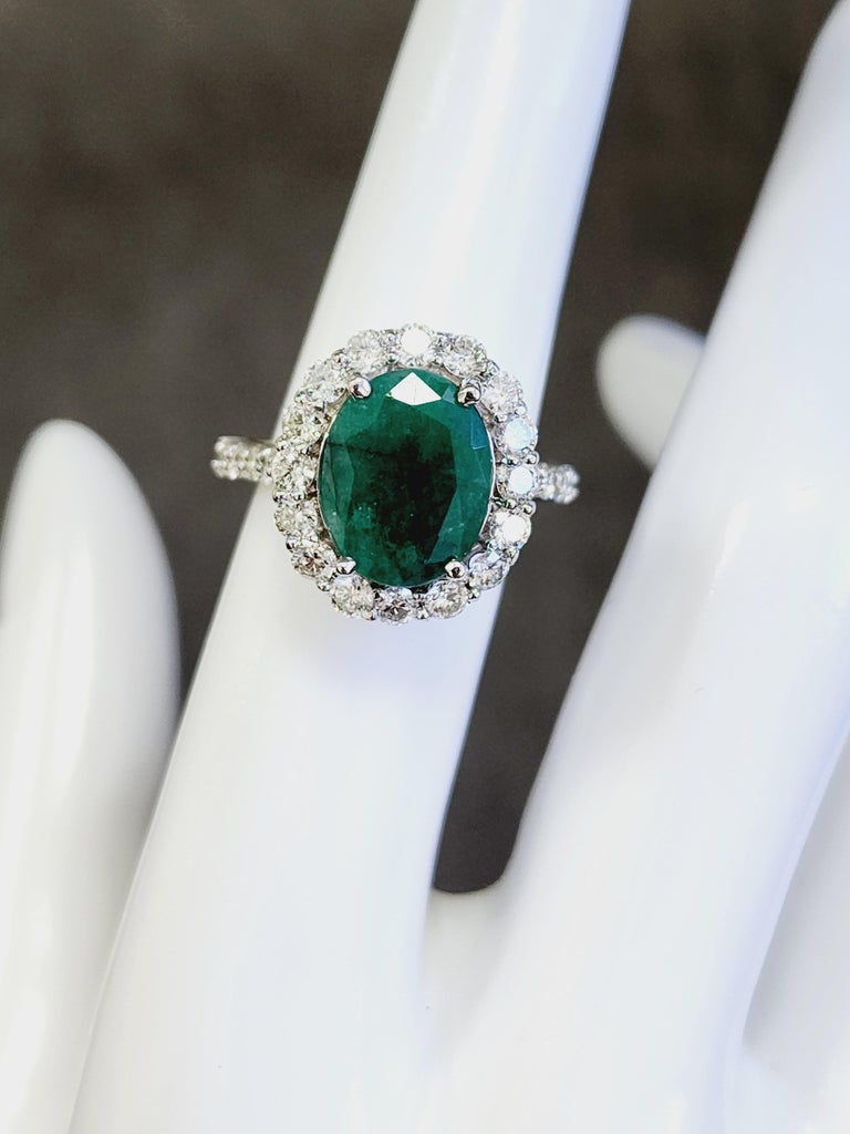 2.85 Carats Natural Oval Shape Emerald 14 Karat White Gold Ring For ...