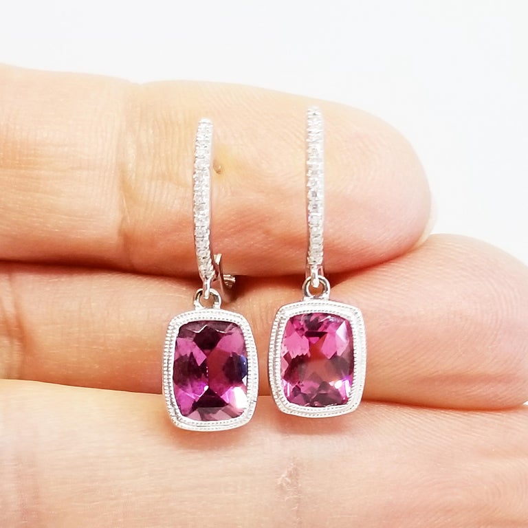 2.87 Carat Cushion Pink Tourmaline White Diamond Mini Hoop Drop ...