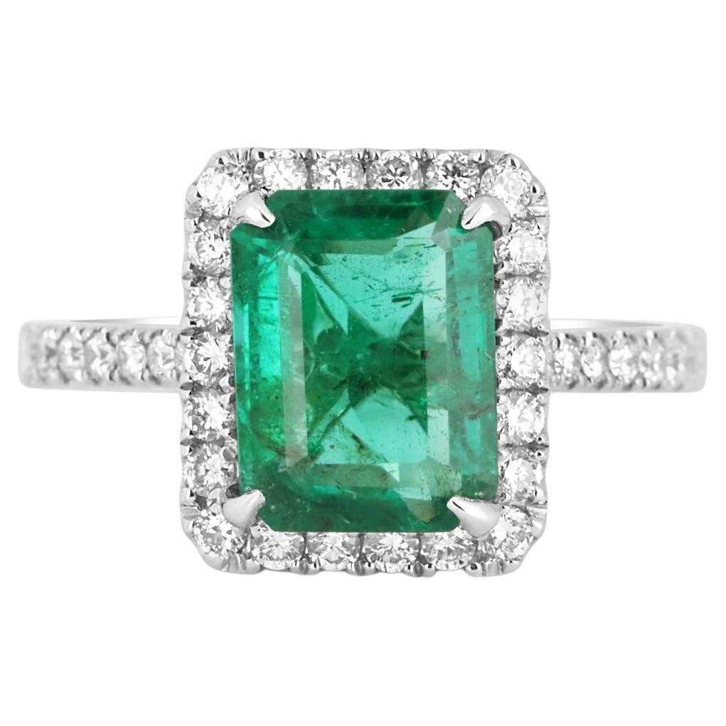 2 TCW Round Cut Emerald Halo Engagement Ring in 18 karat White Gold ...