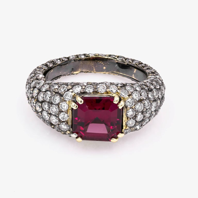 2.92 Carat Emerald Cut Rhodolite Garnet and Round Diamond Ring at 1stDibs