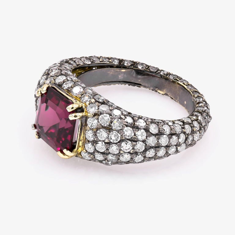 2.92 Carat Emerald Cut Rhodolite Garnet and Round Diamond Ring at 1stDibs