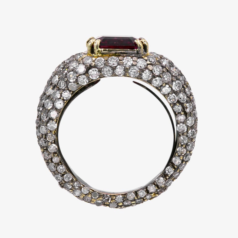 2.92 Carat Emerald Cut Rhodolite Garnet and Round Diamond Ring at 1stDibs