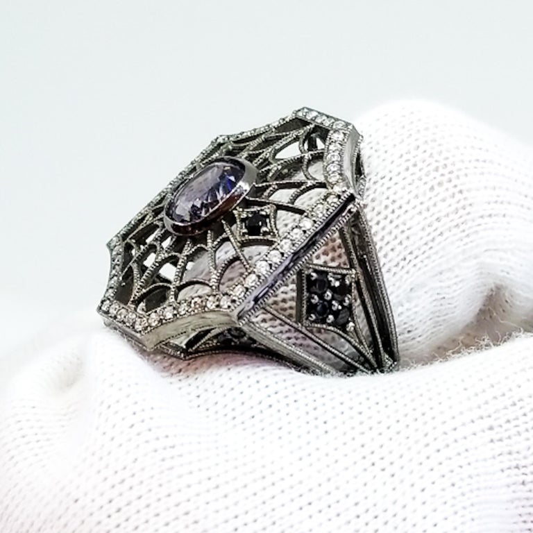 2.96 Carat Purple and Black Spinel Diamond Spiderweb Filigree Ring 18K ...