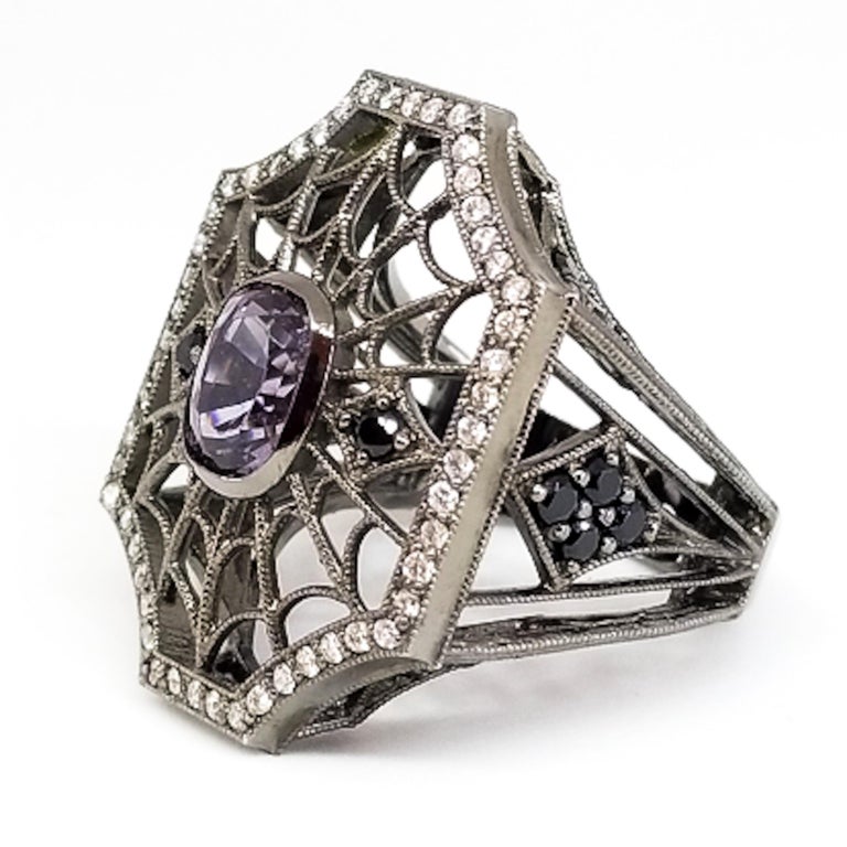 2.96 Carat Purple and Black Spinel Diamond Spiderweb Filigree Ring 18K ...