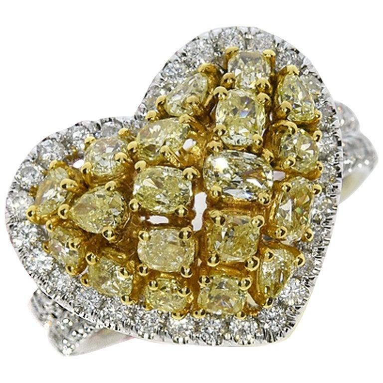2.99 Carat Natural Fancy Yellow Diamond Heart Cluster Ring For Sale at ...