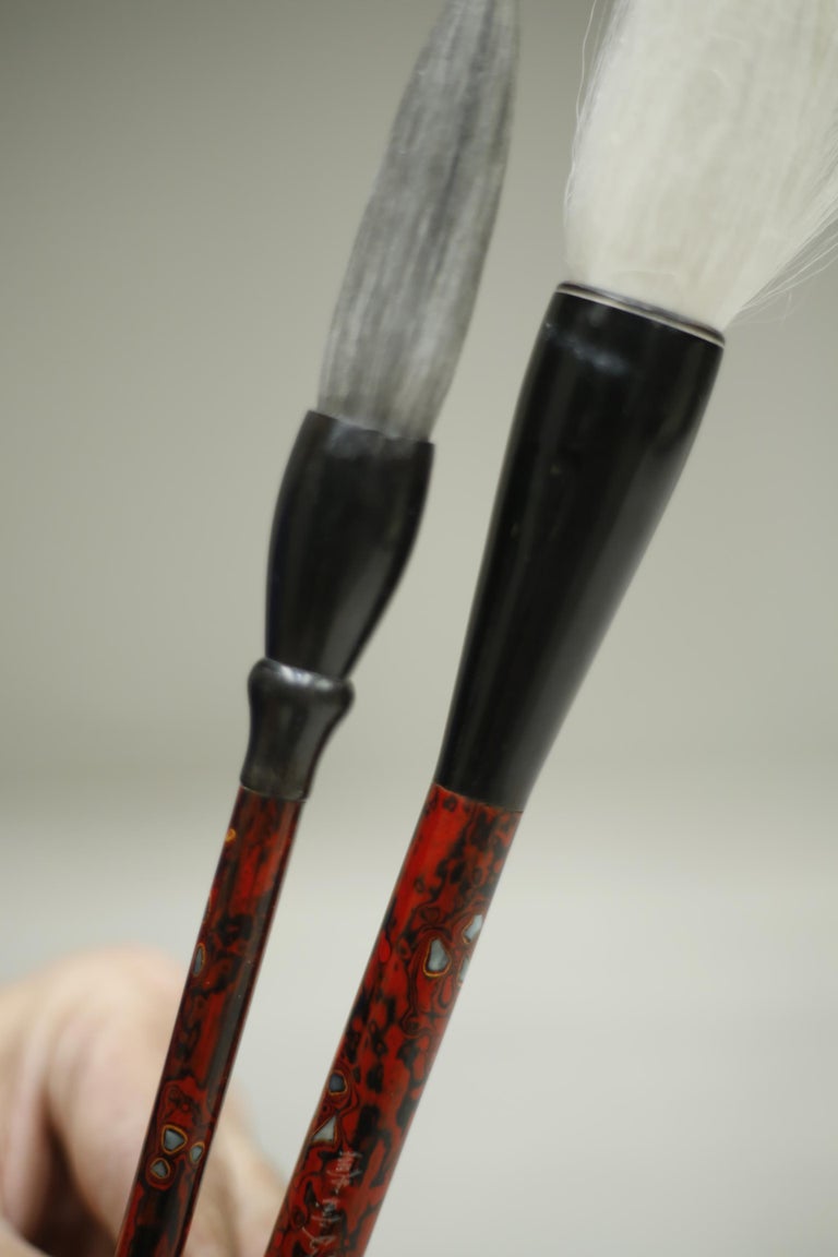 2x 20th Century Japanese Calligraphy Brushes, Red Lacquer For Sale at ...