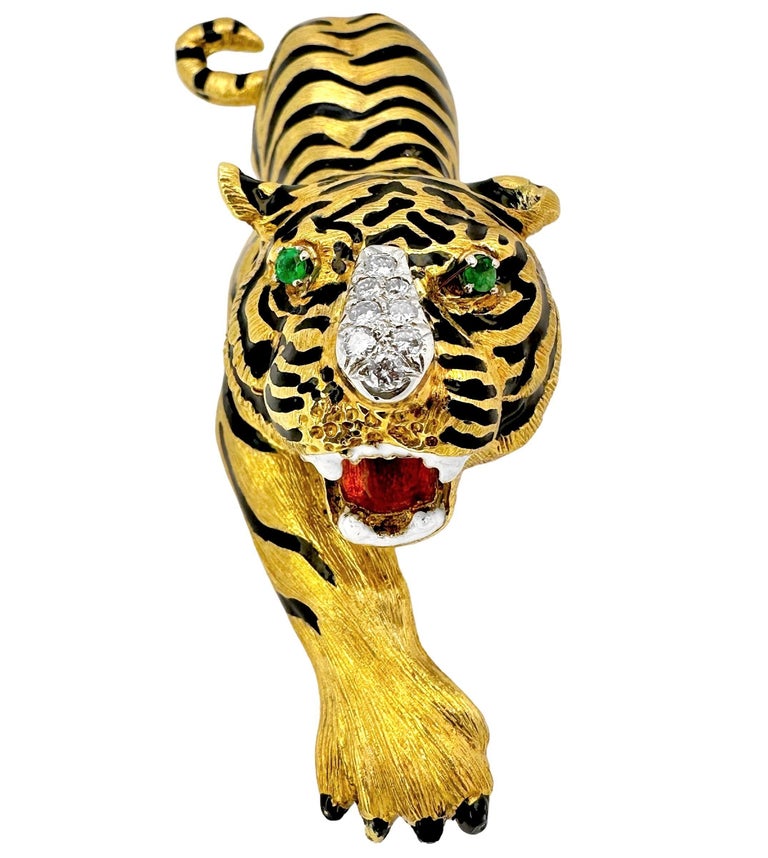 18k Tiger Brooch by Martine with Emerald Eyes and Diamond Snout 3 1/2 ...