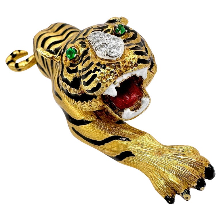 18k Tiger Brooch by Martine with Emerald Eyes and Diamond Snout 3 1/2 ...