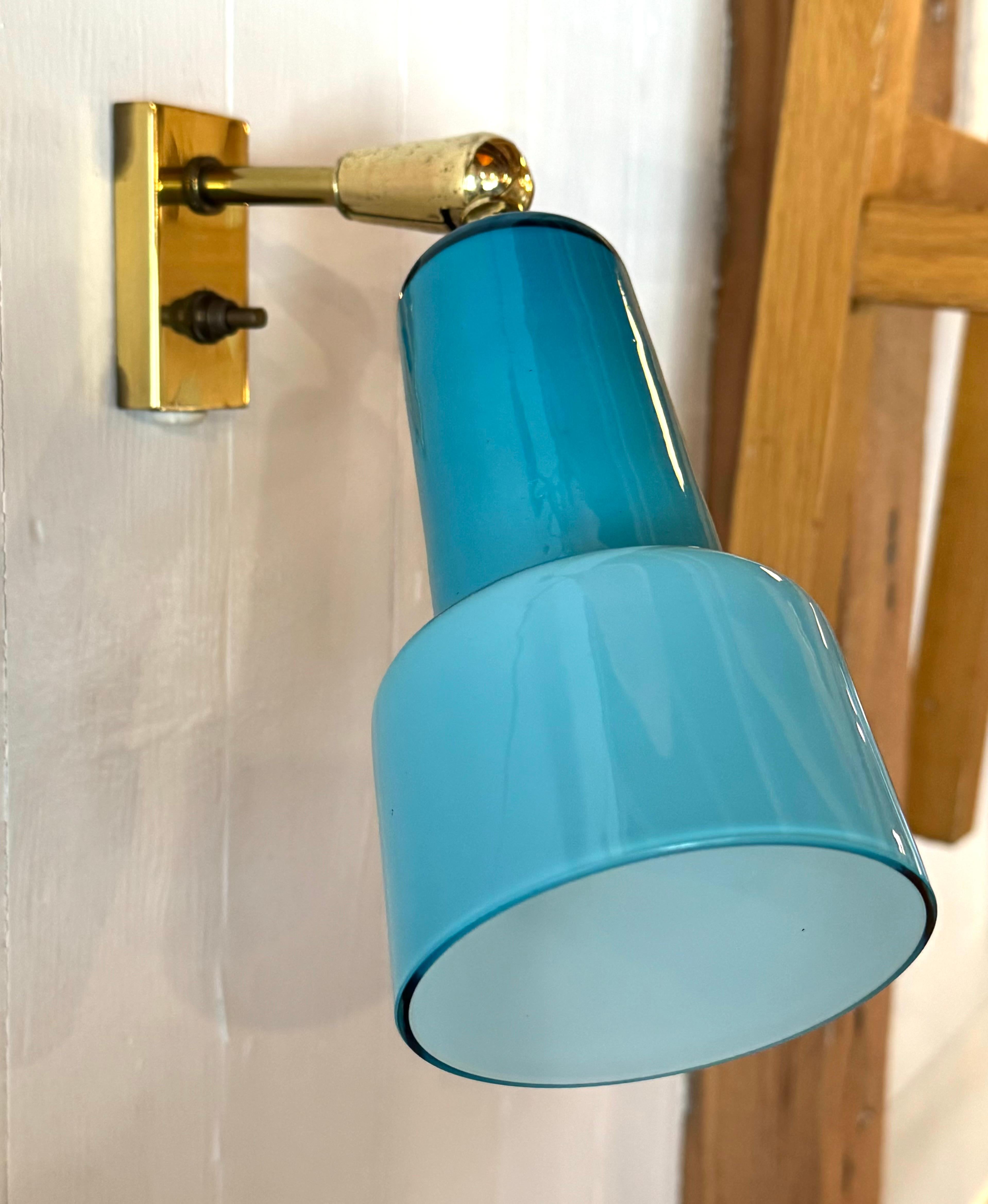 3 Adjustable Conical Colored Glass and Brass Wall Sconces Circa 1960s ...