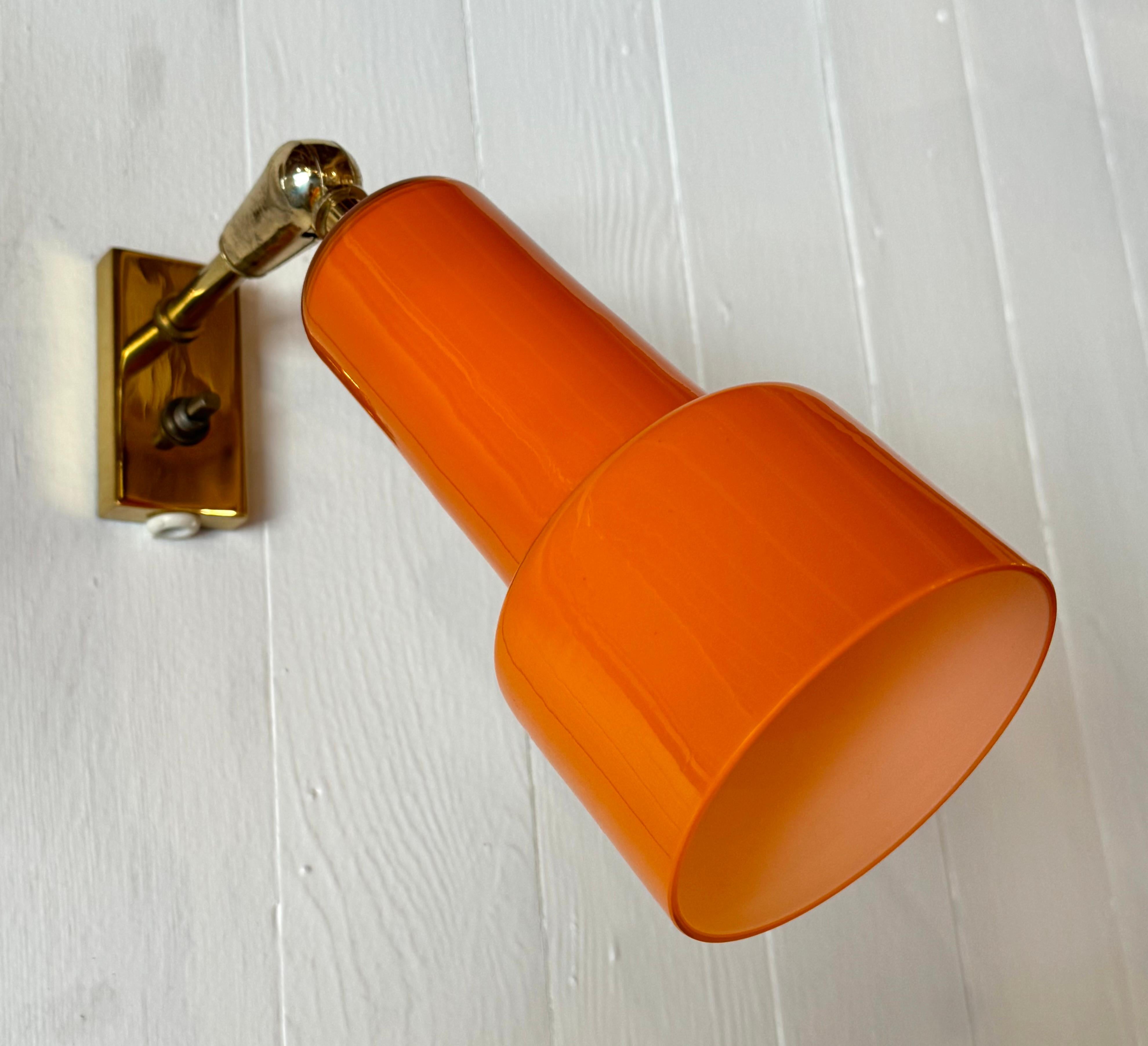 3 Adjustable Conical Colored Glass and Brass Wall Sconces Circa 1960s ...