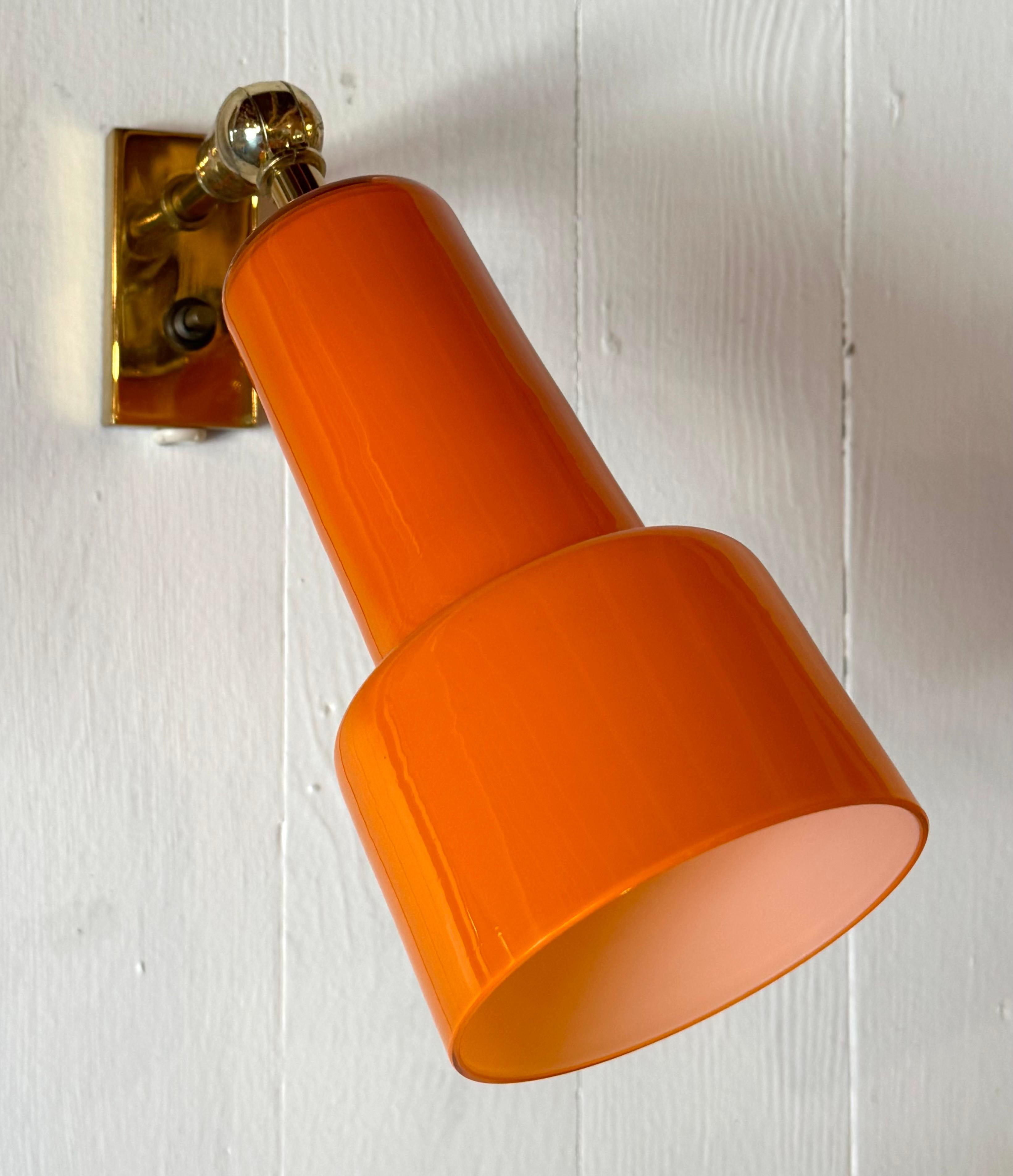 3 Adjustable Conical Colored Glass and Brass Wall Sconces Circa 1960s ...