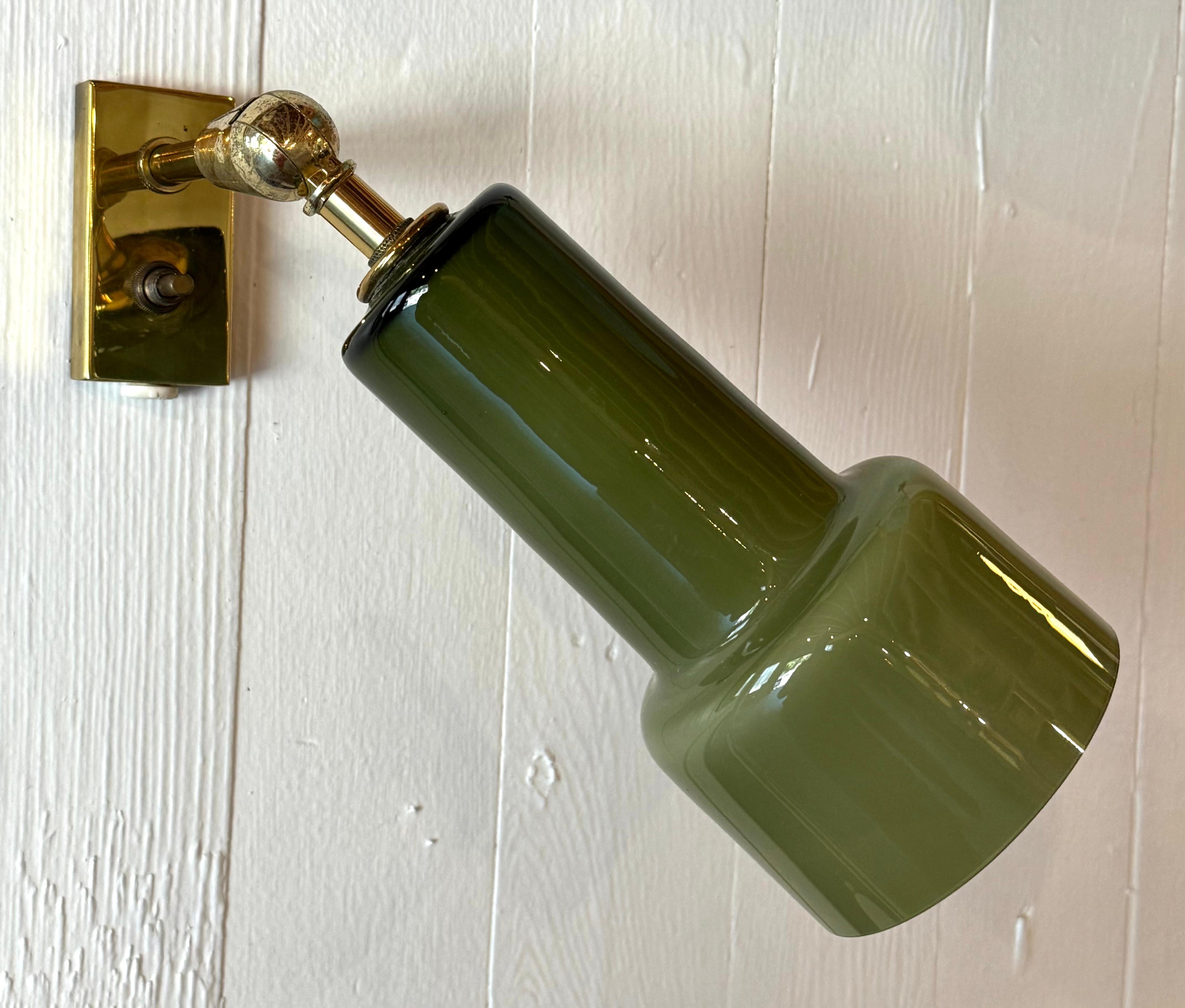 3 Adjustable Conical Colored Glass and Brass Wall Sconces Circa 1960s ...
