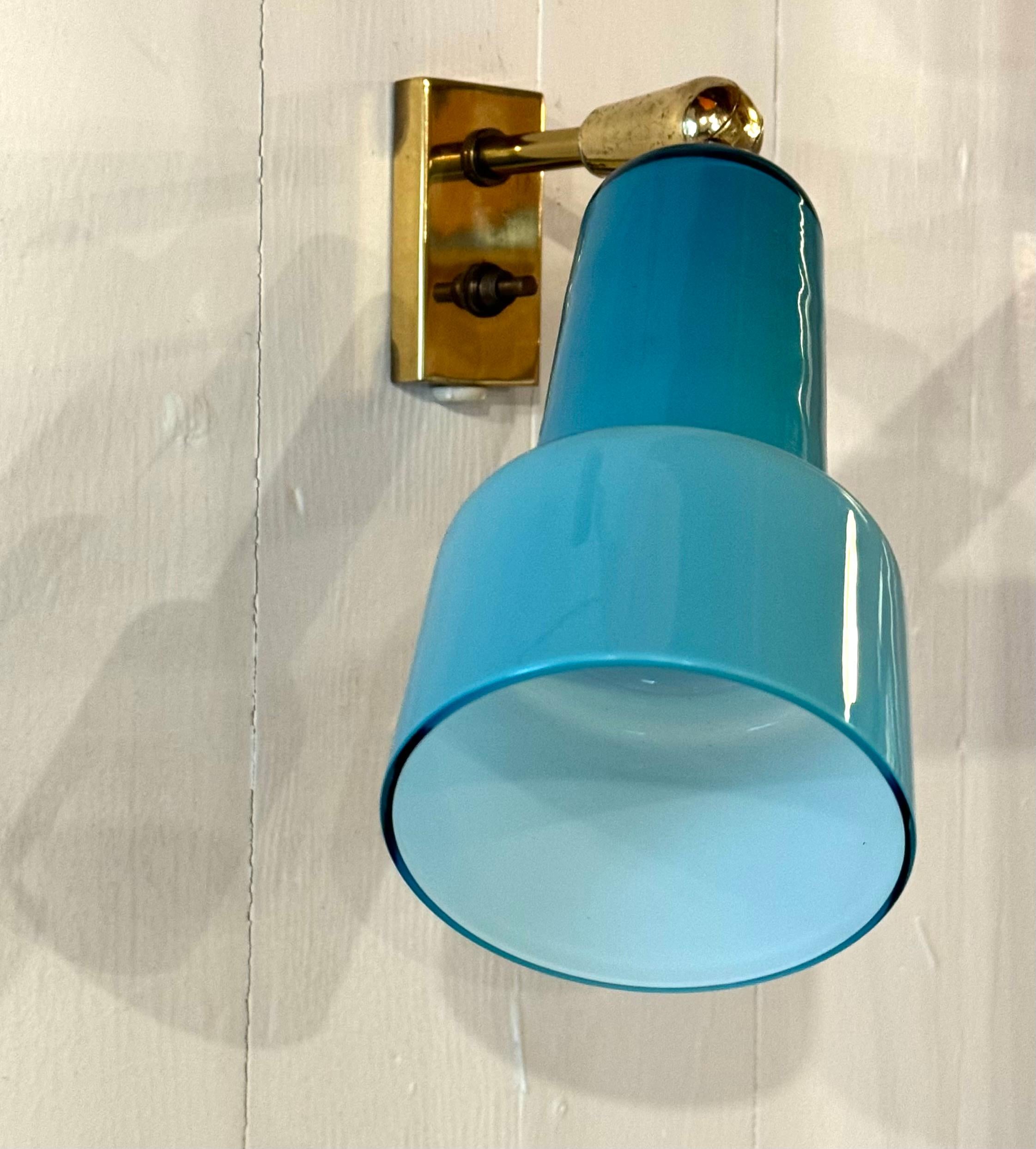 3 Adjustable Conical Colored Glass and Brass Wall Sconces Circa 1960s ...