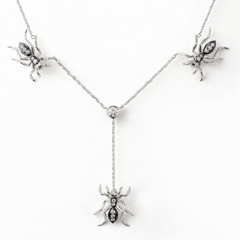 3 Ant Lariat Necklace White Gold Black Rhodium Diamonds For Sale at 1stDibs