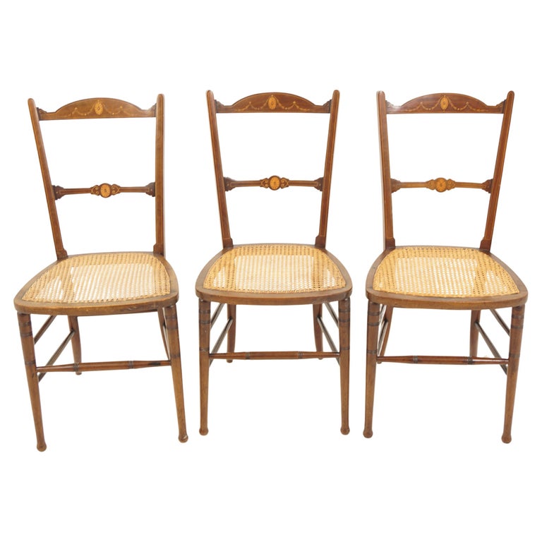 3 Ant. Victorian Walnut Inlaid Bedroom Chairs Wicker Seats, Scotland ...