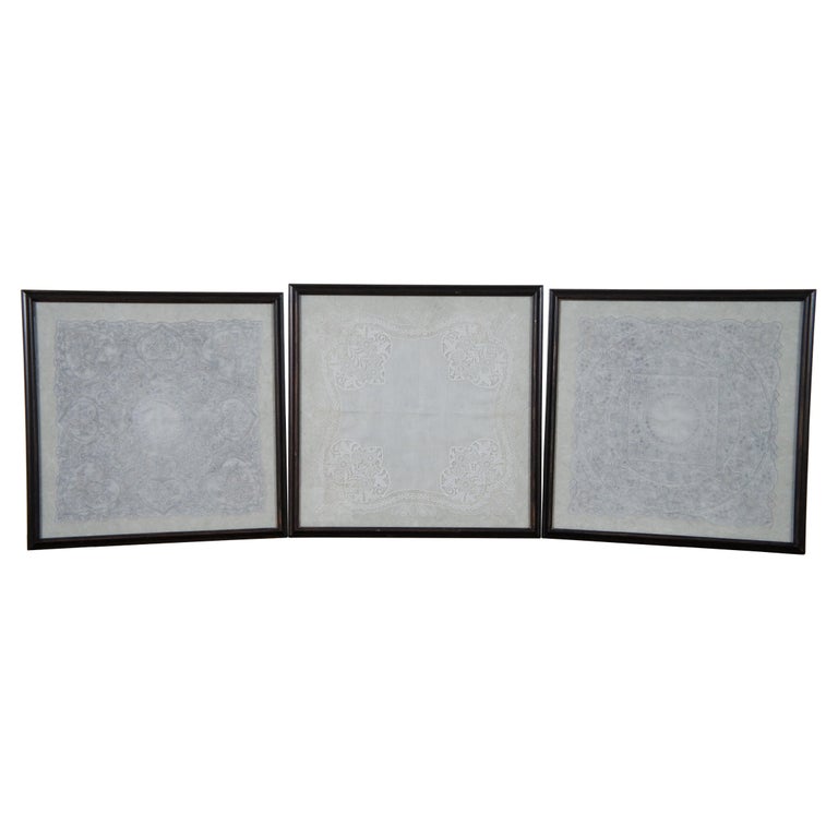 3 Antique Floral Embroidered Belgian Lace Handkerchiefs Wedding Framed ...