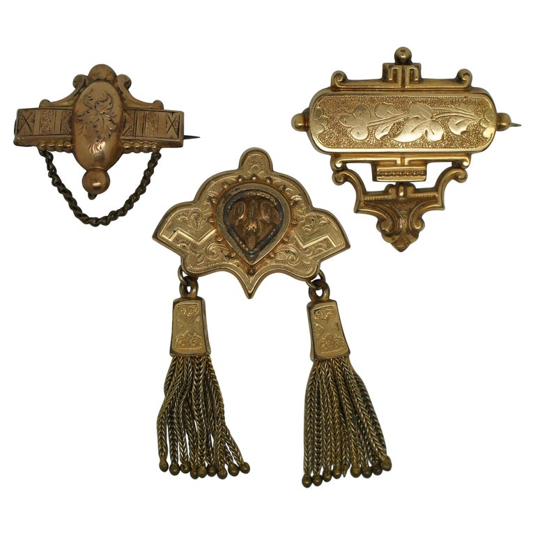 3 Antique Victorian Art Nouveau Gilt Brass Brooch Pins Pendants Tassels ...