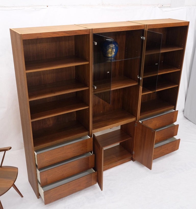 3 Bay Mid-Mentury Modern Walnut Glass Doors Bookcase Wall Unit Curio ...