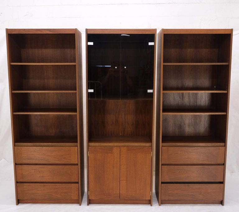 3 Bay Mid-Mentury Modern Walnut Glass Doors Bookcase Wall Unit Curio ...