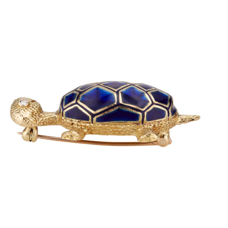 .3 Carat Diamond Blue Enamel Yellow Gold Turtle Brooch For Sale at 1stDibs