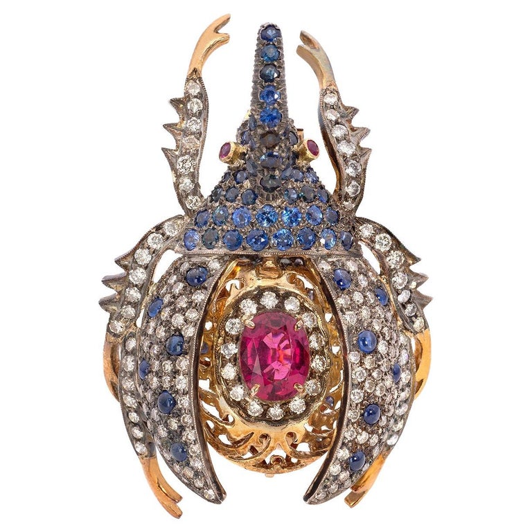 3 Carat Diamond and Sapphire Edwardian Style Beetle Pin with 3.5 Carat ...