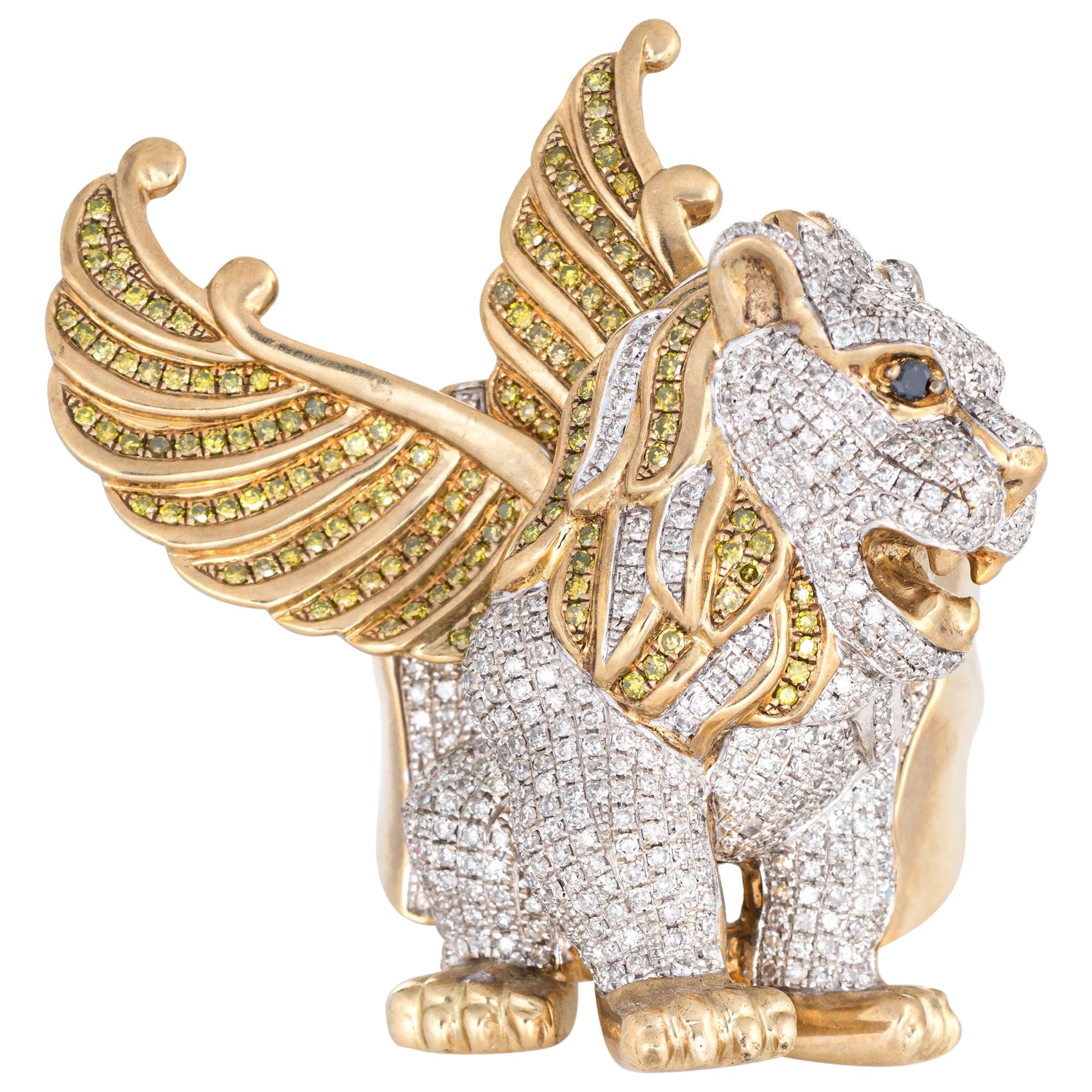 3 Carat Diamond Winged Lion Ring Griffon Vintage 14 Karat Yellow Gold ...