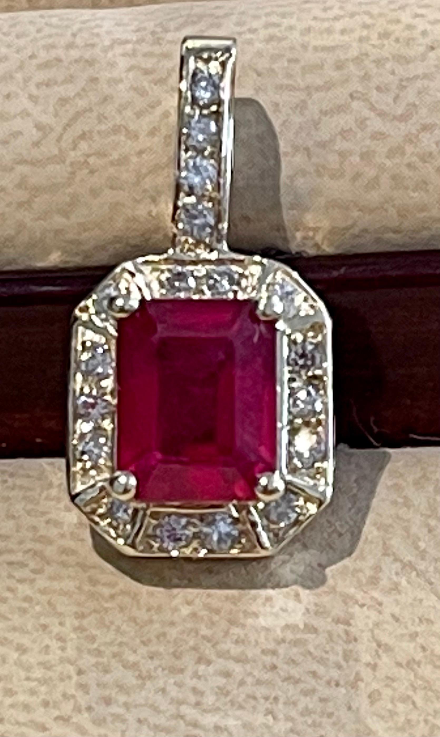 3 Carat Emerald Cut Ruby Pendant with Diamonds 14 Karat Yellow Gold ...