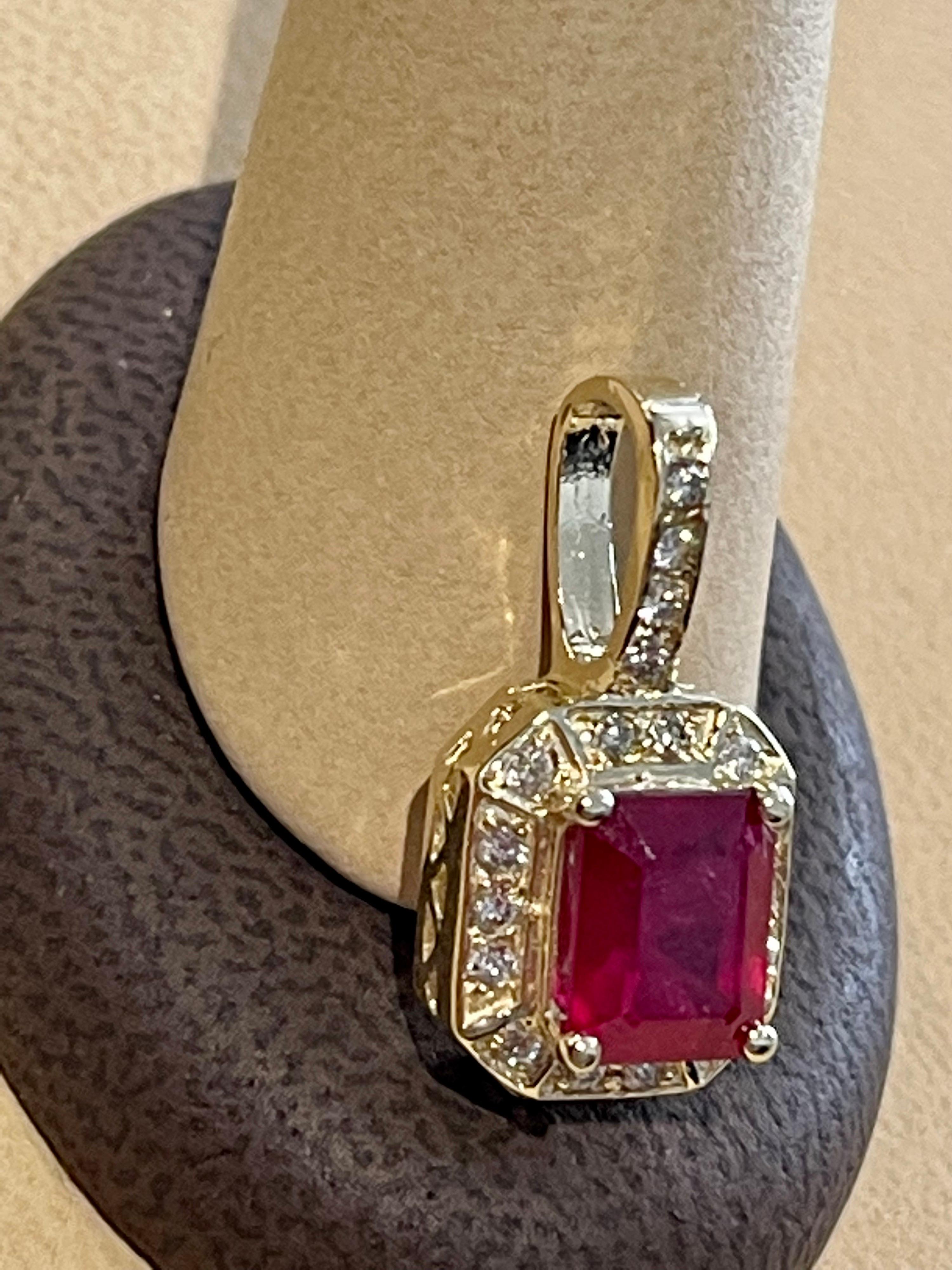 3 Carat Emerald Cut Ruby Pendant with Diamonds 14 Karat Yellow Gold ...