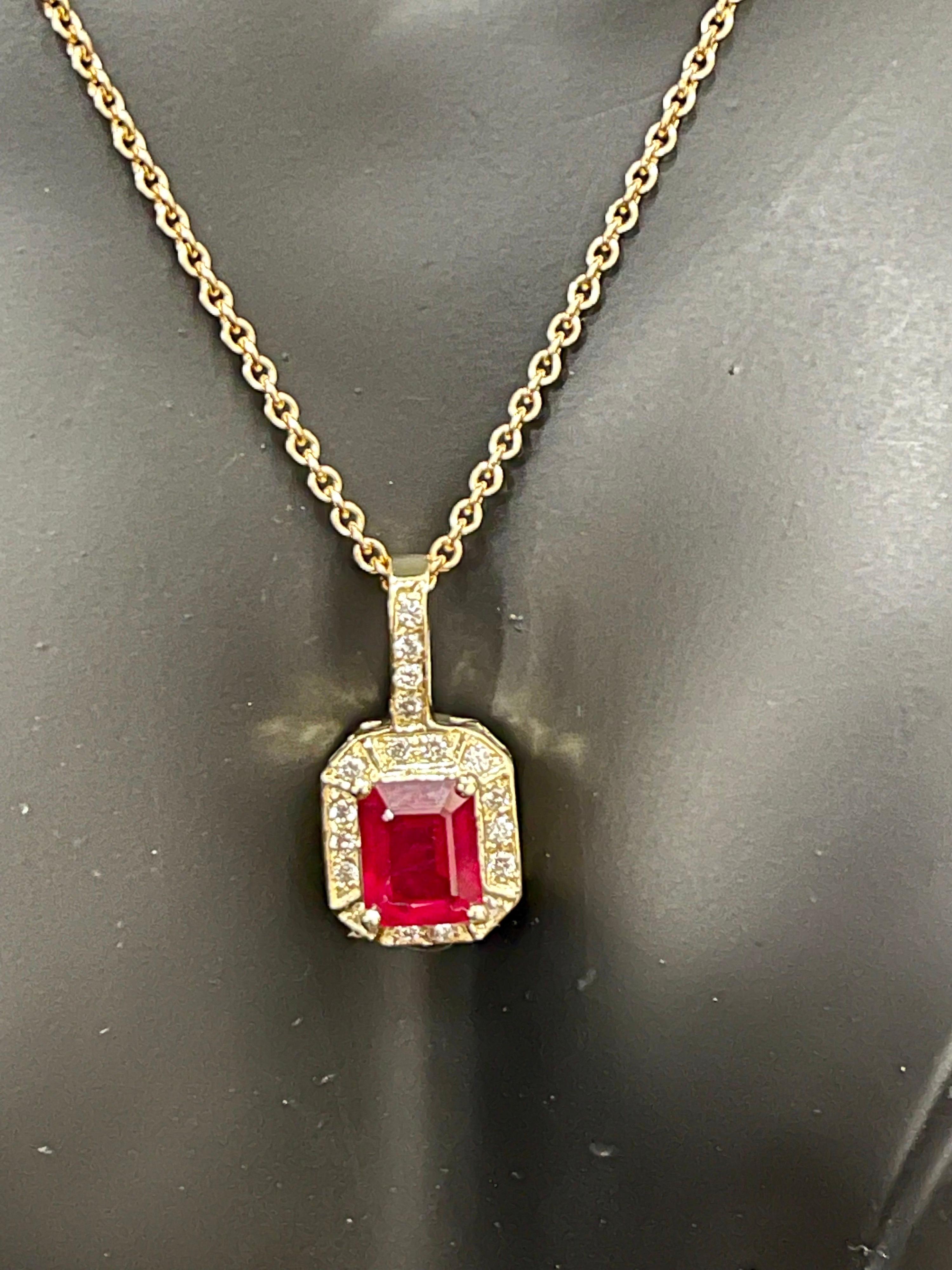 3 Carat Emerald Cut Ruby Pendant with Diamonds 14 Karat Yellow Gold ...